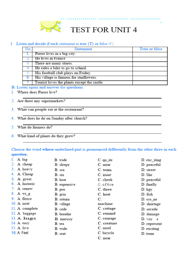 Bài tập bổ trợ Anh 6 Global unit 4 | PDF