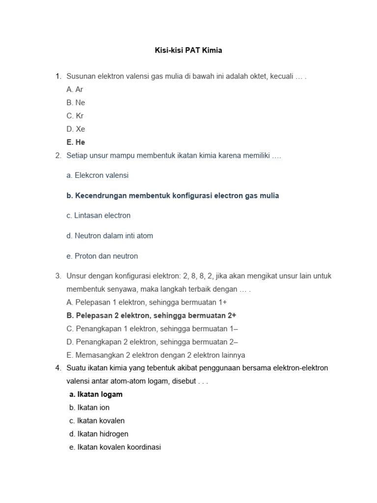 Kisi-Kisi PAT Kimia | PDF | Metode & Bahan Ajar | Teknologi & Rekayasa