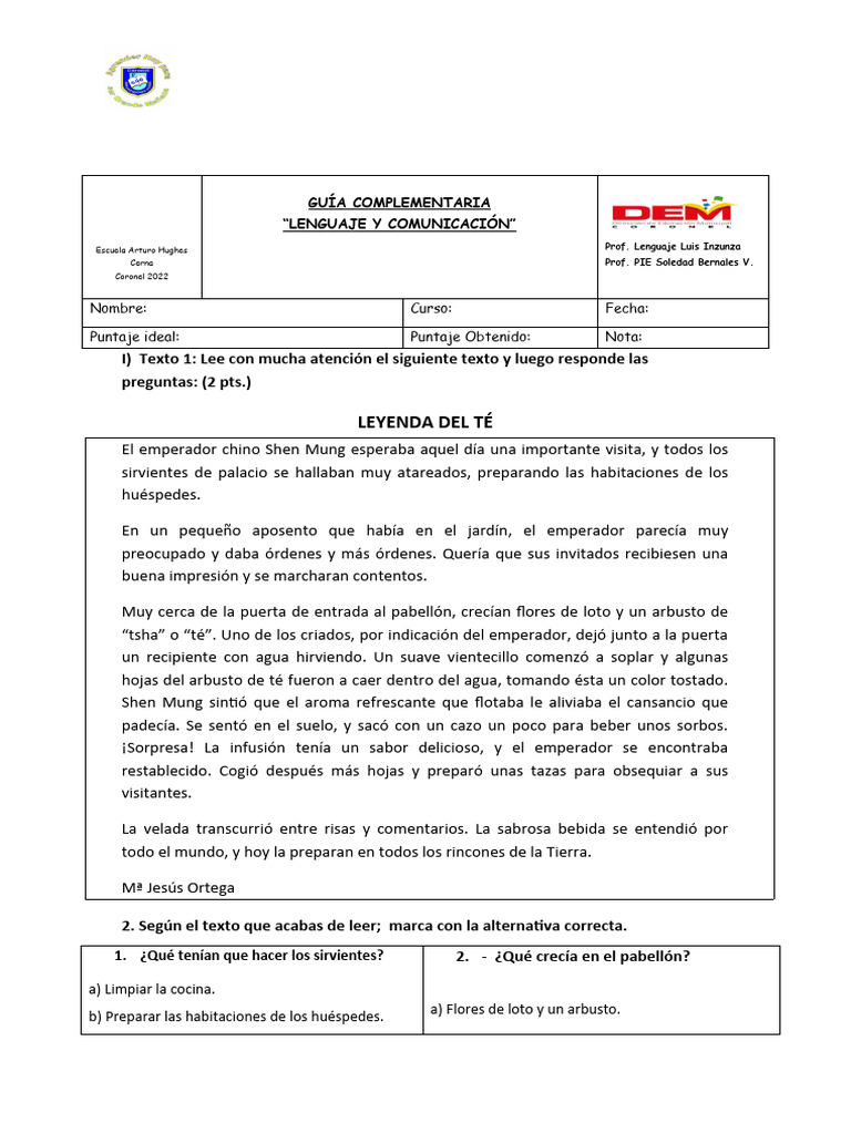 Guía complementaria lenguaje | PDF | Té