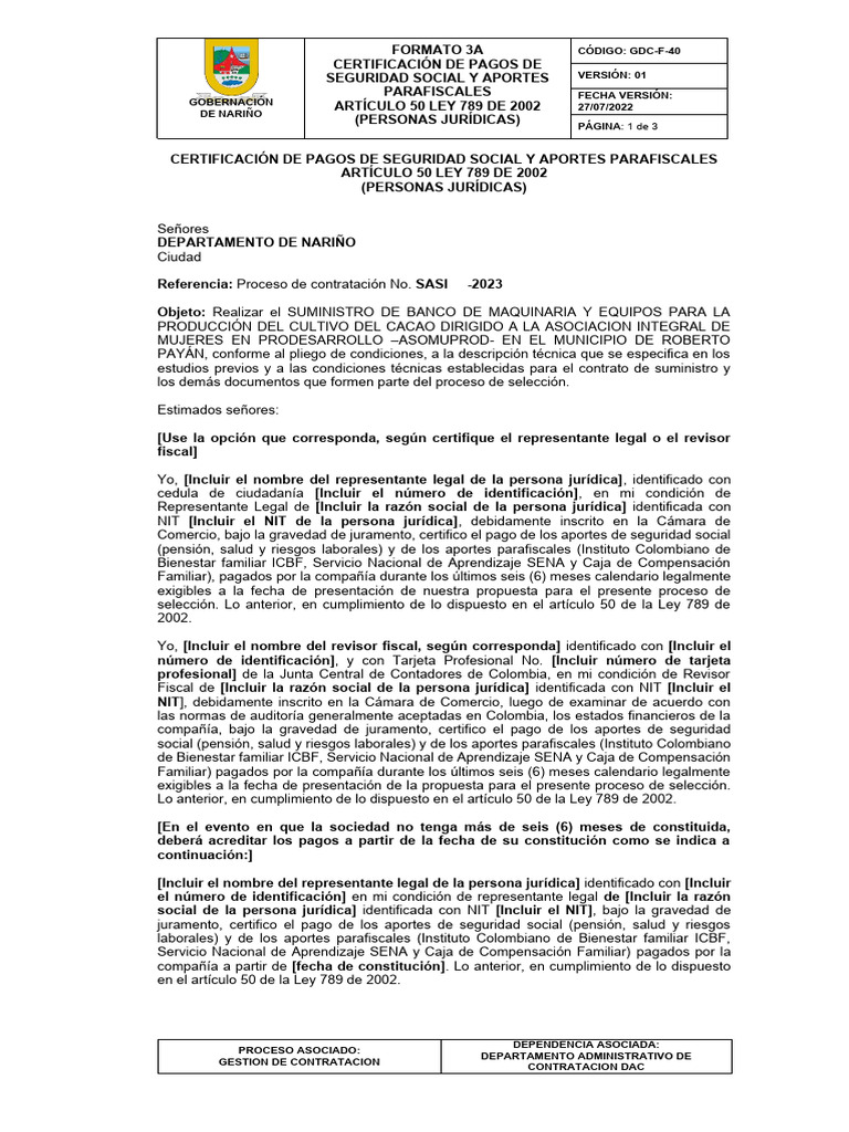 Formato 3A - Certificacion de Pagos de Seguridad Social y Aportes ...