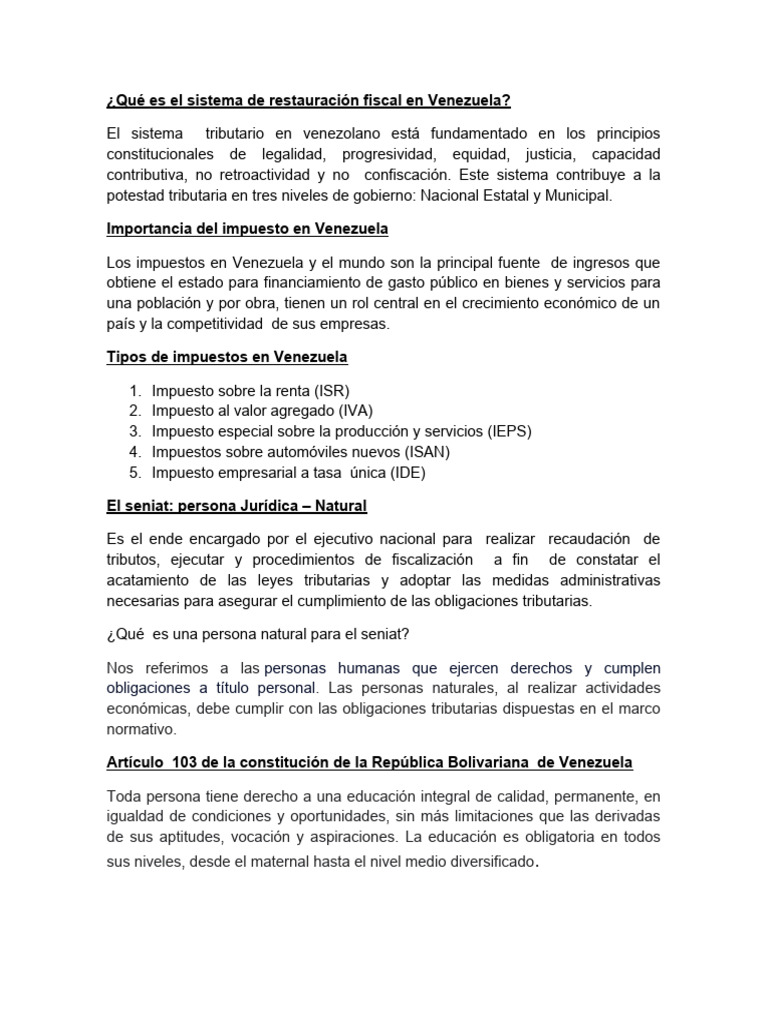 Qué Es El Sistema de Restauración Fiscal en Venezuela | PDF | Finanzas y administración del ...