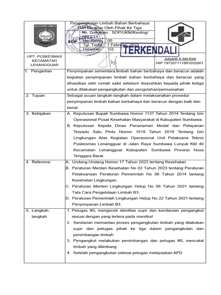 SOP Pengangkutan Limbah B3 Puskesmas | PDF