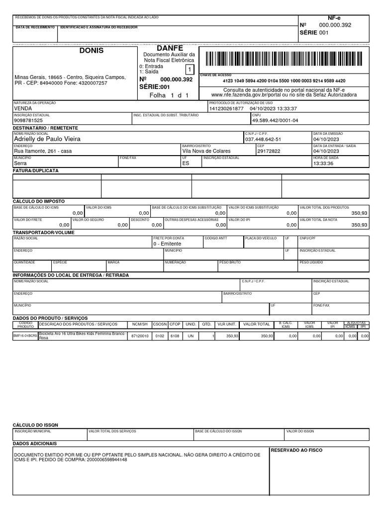 Bicicleta Bike Infantil Aro 16 Masculino Feminina Kids NF | PDF | Recibo | Documento