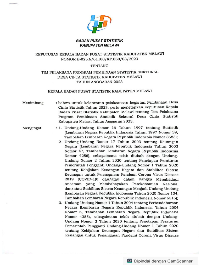 SK Tim Desa Cantik BPS Kabupaten Melawi 2023 | PDF