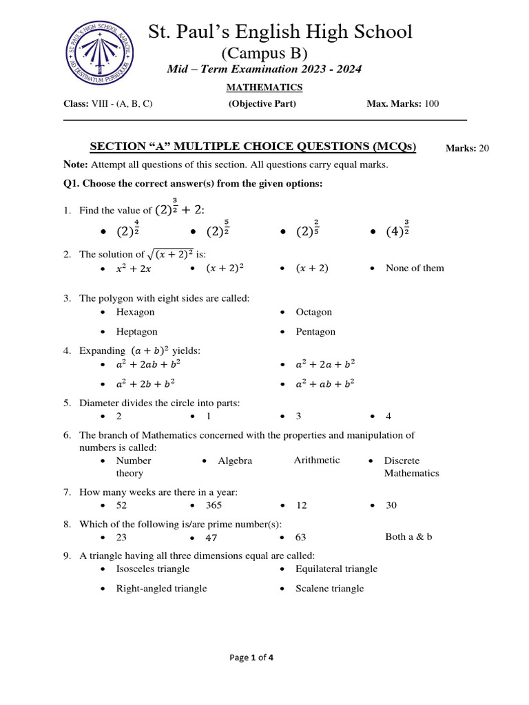 Class 8 Maths Paper ST - Paul's | PDF | Triangle | Logarithm