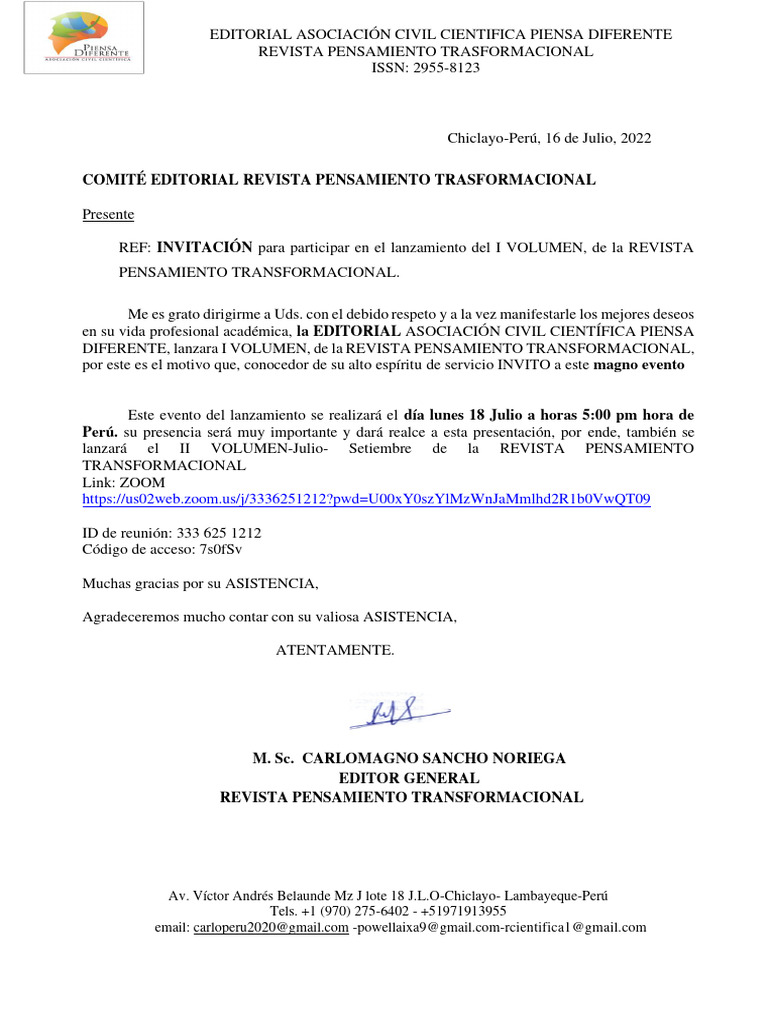 Carta de Invitacion A Lanzamiento Comite Editorial | PDF