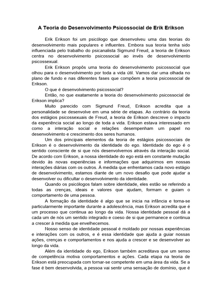 Teoria Psicossocial de Erikson: Fases e Impacto | PDF | Sigmund Freud ...