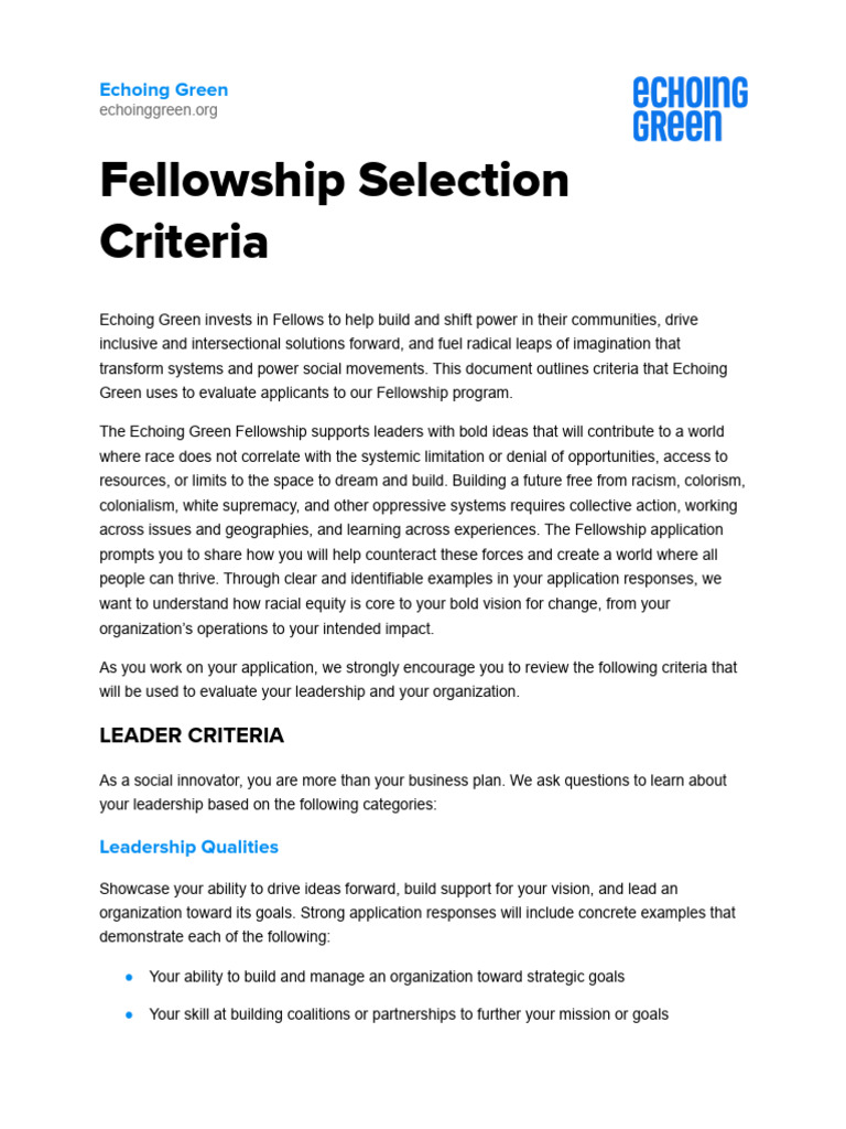 Echoing Green Fellowship Selection Criteria | PDF | Leadership | Innovation