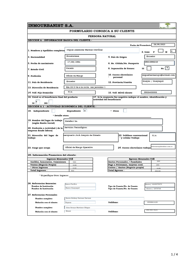 1.A FORMULARIO CONOZCA A SU CLIENTE PN INMOURBANIST julio 2023 | PDF ...