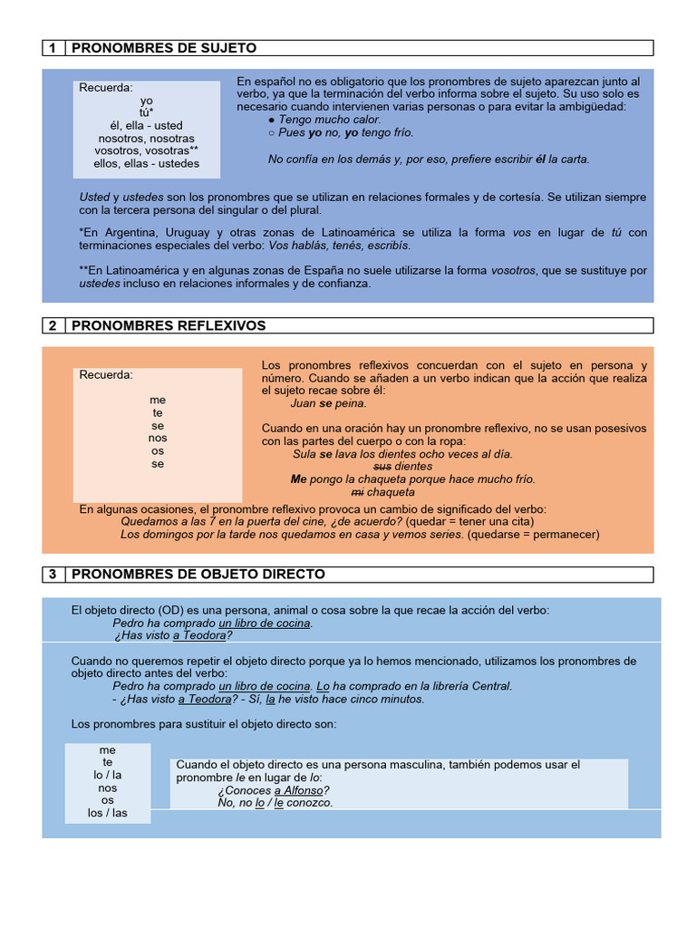 Pronombres (Sujeto, OD, OI, Reflexivo) | PDF | Objeto (gramática) | Verbo