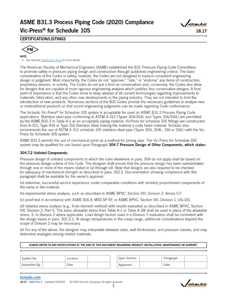 ASME B31.3 Process Piping Code (2020) Compliance Vic-Press For Schedule ...
