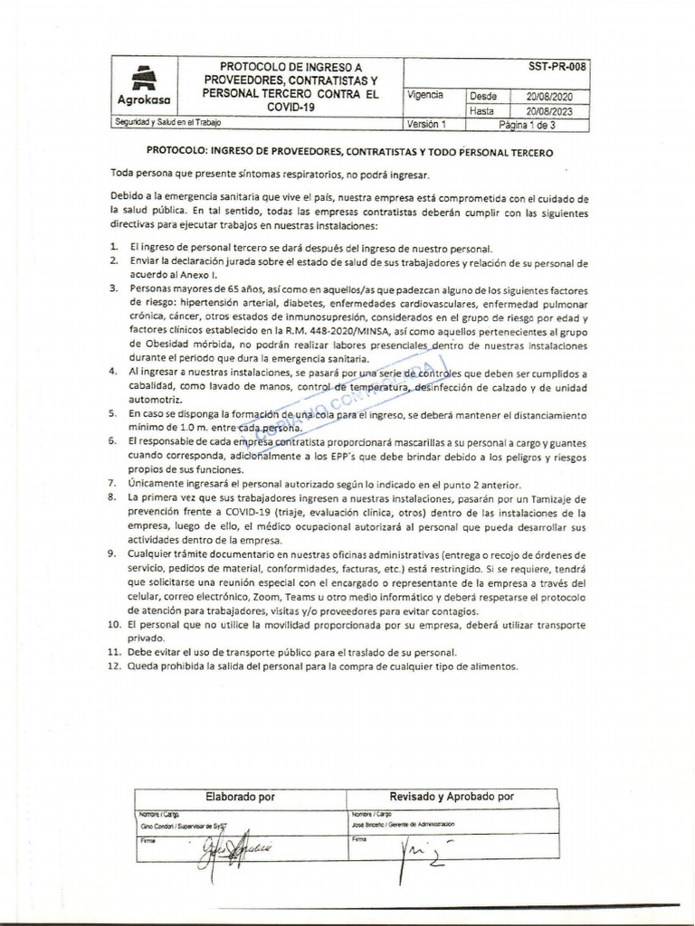 SST-PR-008 Protocolo Ingreso A Proveedores Contratistas y Terceros - COPI... | PDF