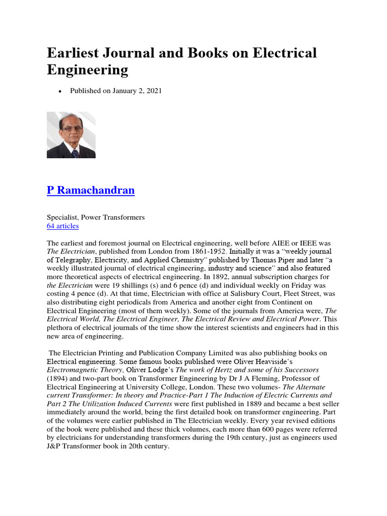 Earliest Journal and Books On Electrical Engineering | PDF | Electrical Engineering | Electricity