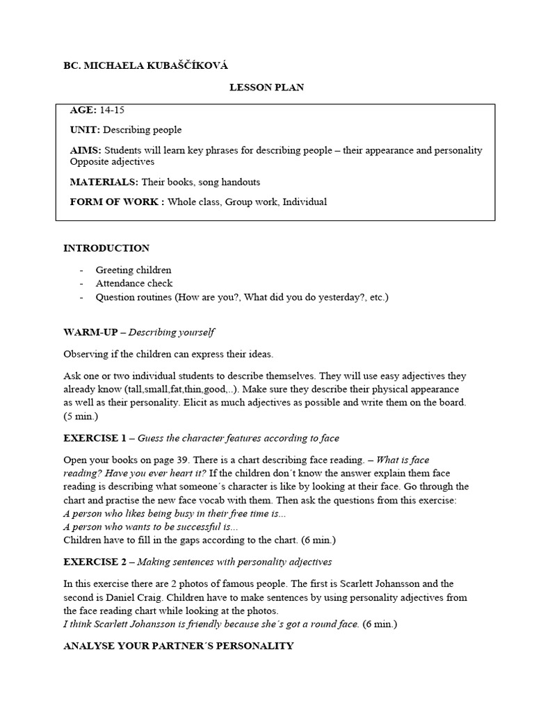 Lesson Plan - Personality | PDF | Human Communication