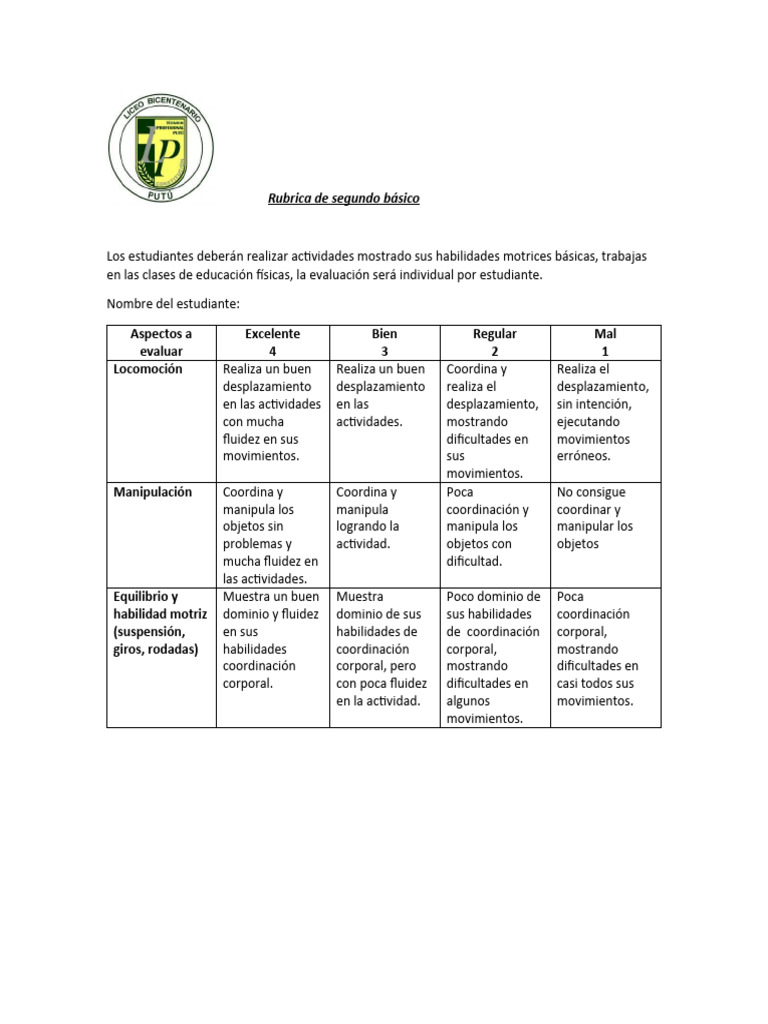 Rubrica Docente Educacion Fisica 2 Basico Habilidades Motrices Basicas | PDF