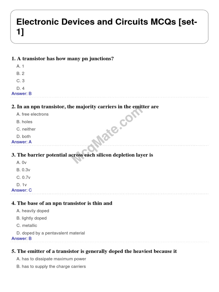 Electronic Devices and Circuits Solved MCQs (Set-1) | PDF | Field Effect Transistor | Transistor