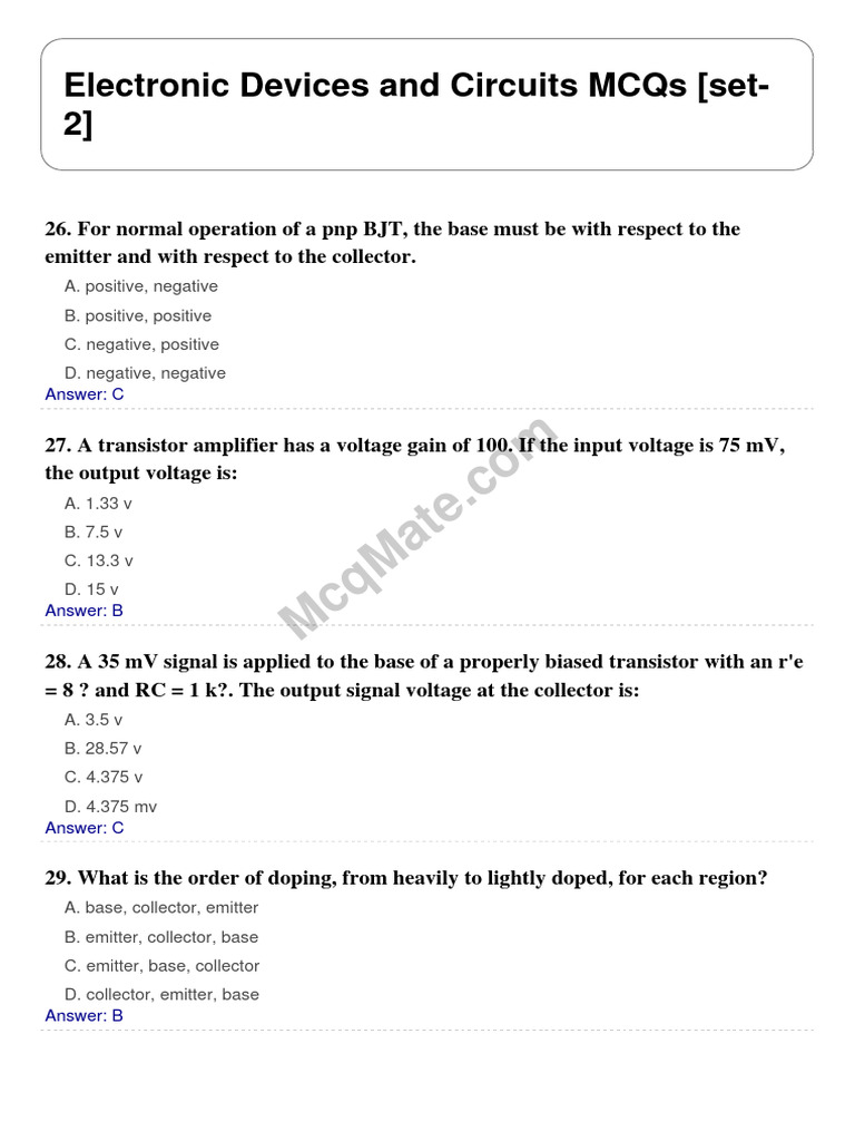 Electronic Devices and Circuits Solved MCQs (Set-2) | PDF | Bipolar Junction Transistor | Field ...