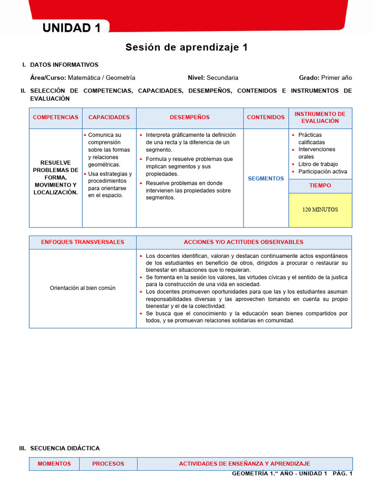 Sesión De Aprendizaje 1 Segmentos Pdf Evaluación Enseñando