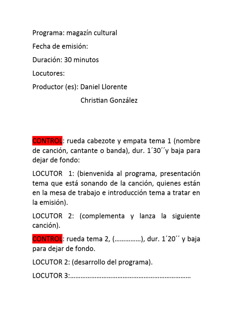 Ejemplo de Guion Programa Cultural | PDF