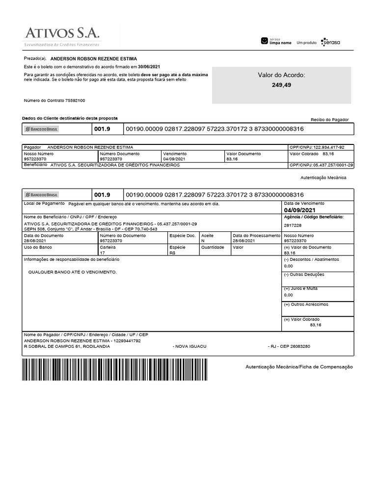 Valor Do Acordo:: Anderson Robson Rezende Estima 30/06/2021 | PDF ...