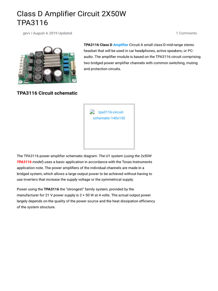 Class D Amplifier Circuit 2X50W TPA3116 - Electronics Projects C | PDF