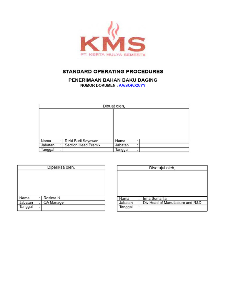 SOP Penerimaan Bahan Baku Daging | PDF | Teknologi & Rekayasa