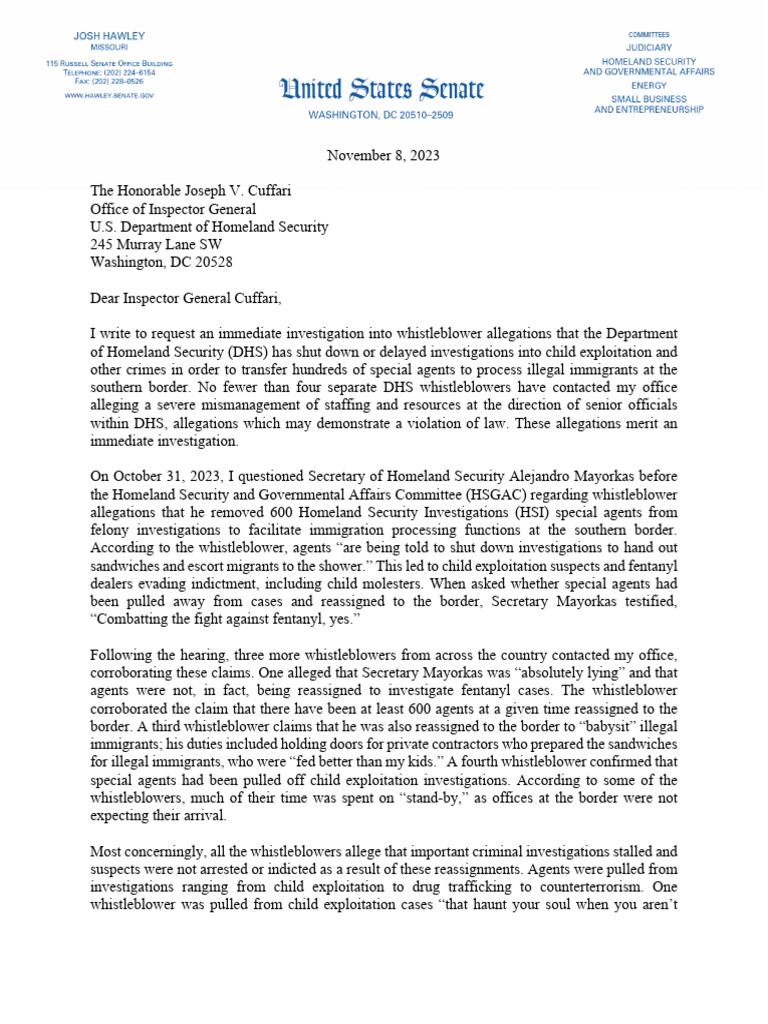 Hawley Letter To DHS OIG On ICE HSI | PDF | U.S. Immigration And ...