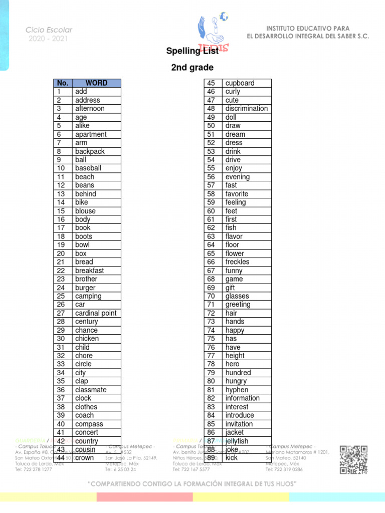 Spelling List 2nd Grade 20-21 | PDF