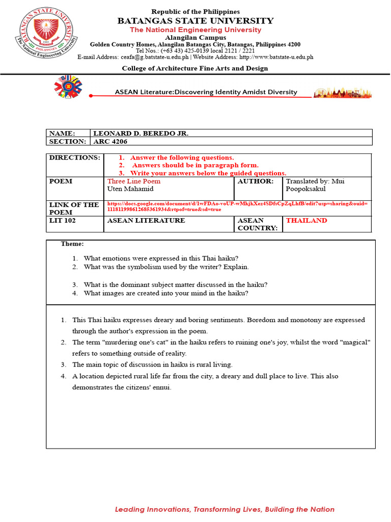 Thai-Poem 1-Beredo-Lit102-Arc4206 | PDF | Poetry | Haiku