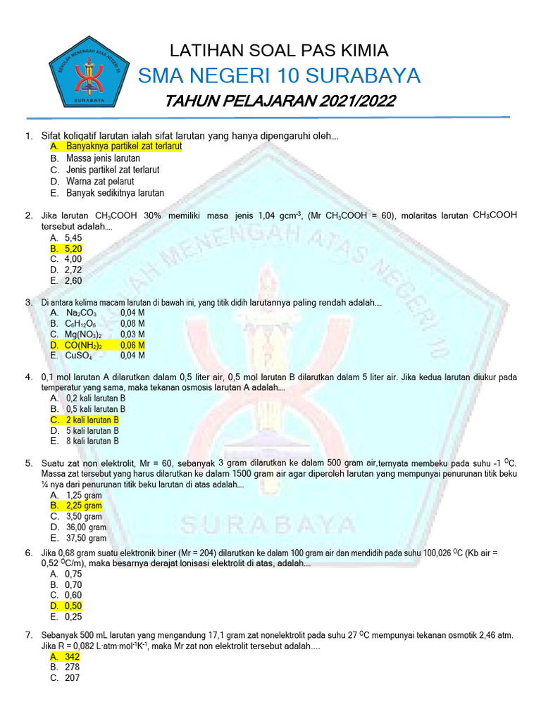 Latihan Soal Pas Kimia | PDF