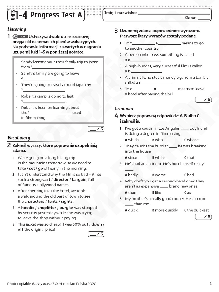 Brainy kl7 Progress Test 1-4 A | PDF Brainy kl7 Progress Test 1-4 A | PDF