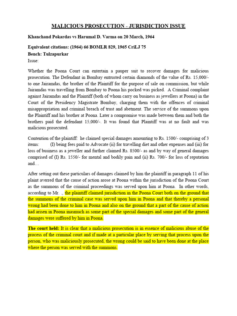 Malicious Prosecution | PDF | Lawsuit | Summons