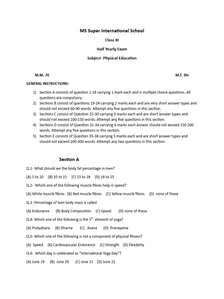 11class model paper of Half Yearly Exam P.Ed | PDF | Physical Therapy ...