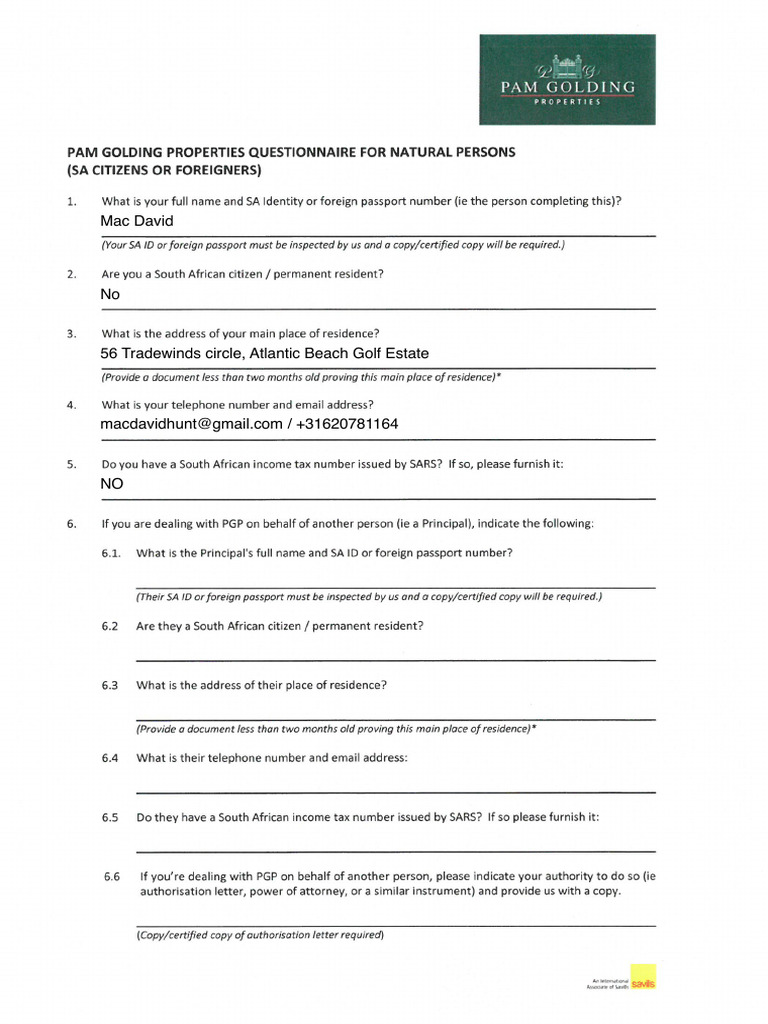 1 Questionnaire Natural Persons Form | PDF