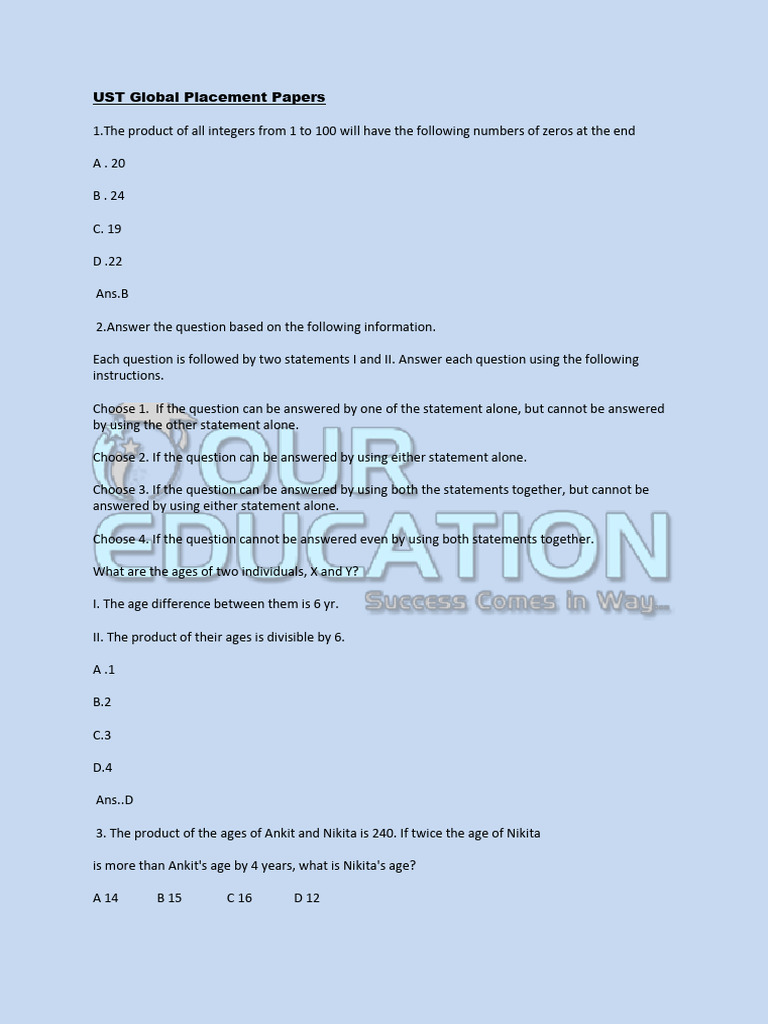 UST Global Placement Papers | PDF | Question | Deductive Reasoning