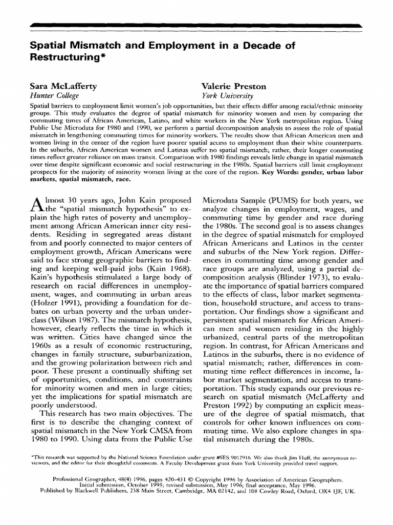 McLafferty e Preston - 1996 | PDF | Commuting | Suburb