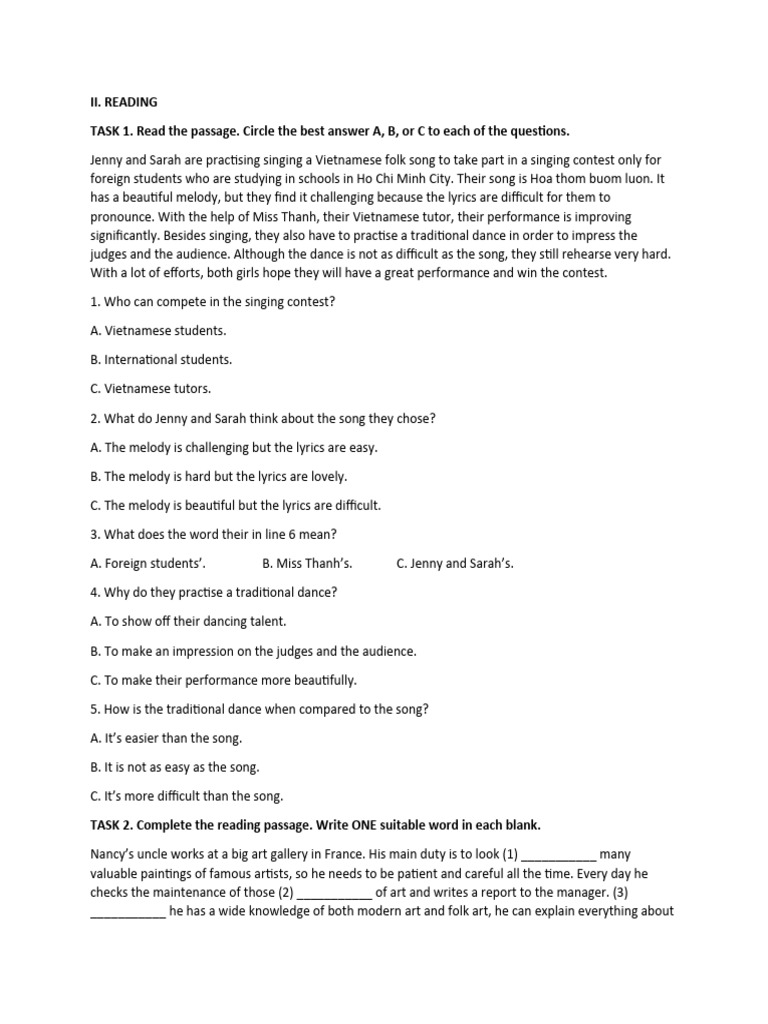 Ii. Reading TASK 1. Read The Passage. Circle The Best Answer A, B, or C To Each of The Questions ...