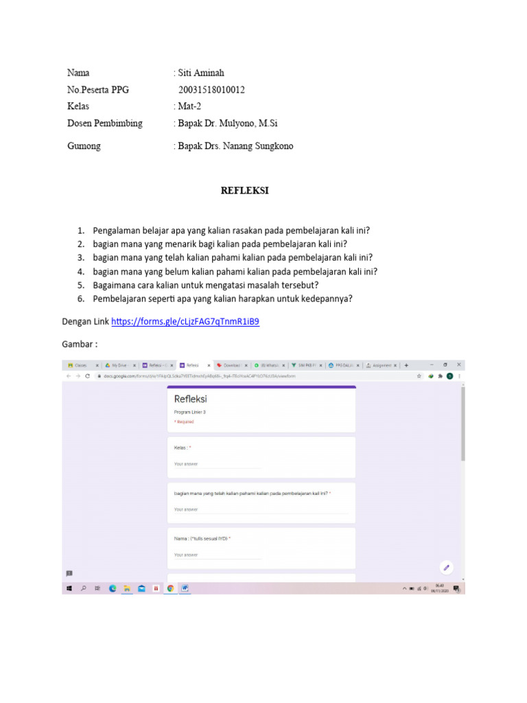 Siti Aminah-Pertanyaan Refleksi Google Form | PDF