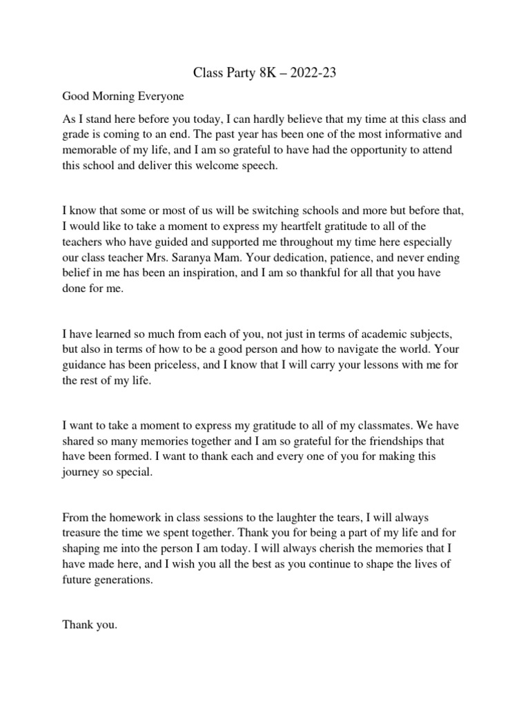 Speech For Class Party | PDF