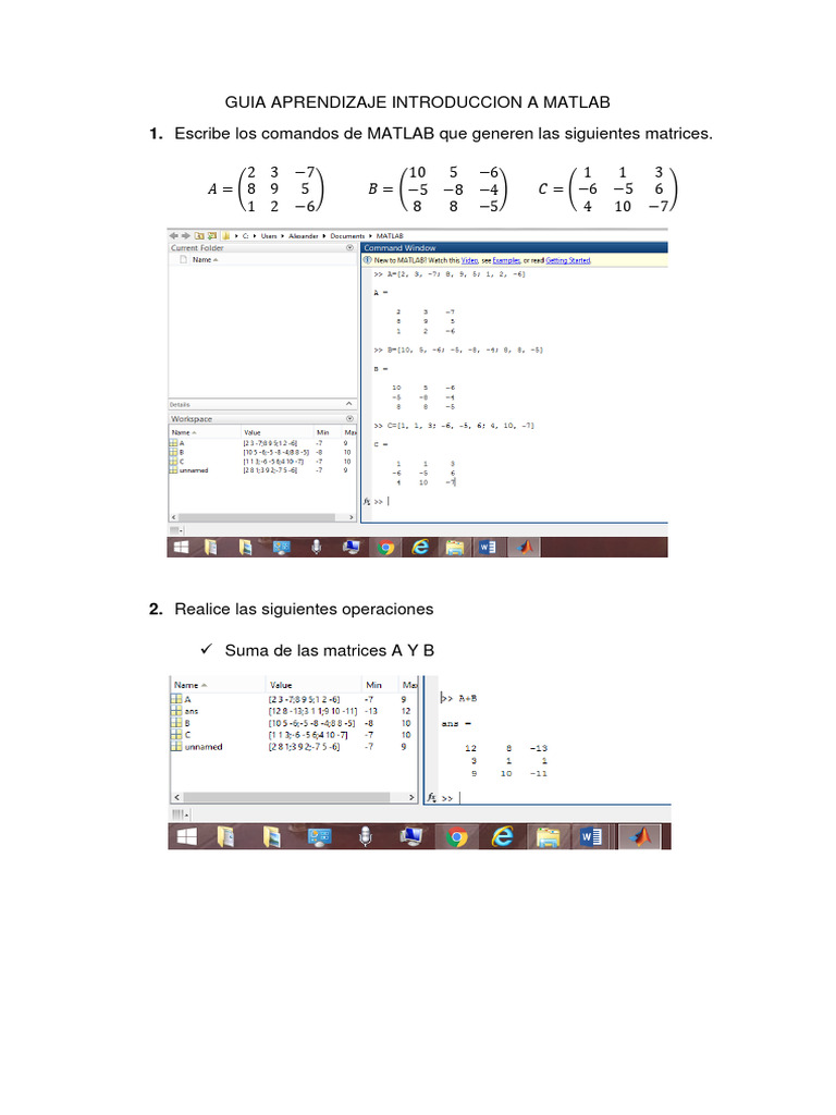 Taller 1 Solución de Matrices Con El Software Matlab | PDF
