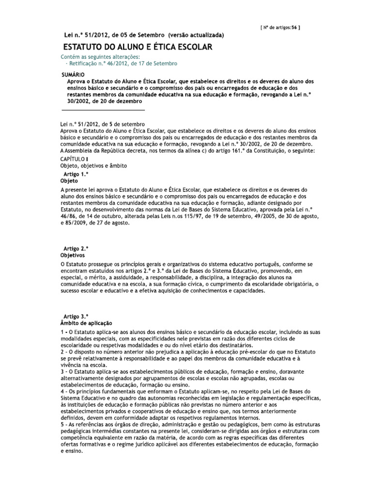 03c - Lei 51 - 2012 - Estatuto Do Aluno e Ética Escolar | PDF