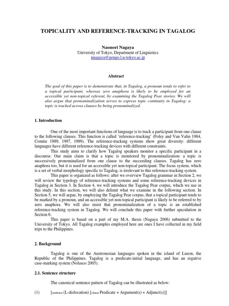 Nagaya2006Topicality and Reference-Tracking in Tagalog | PDF | Pronoun ...