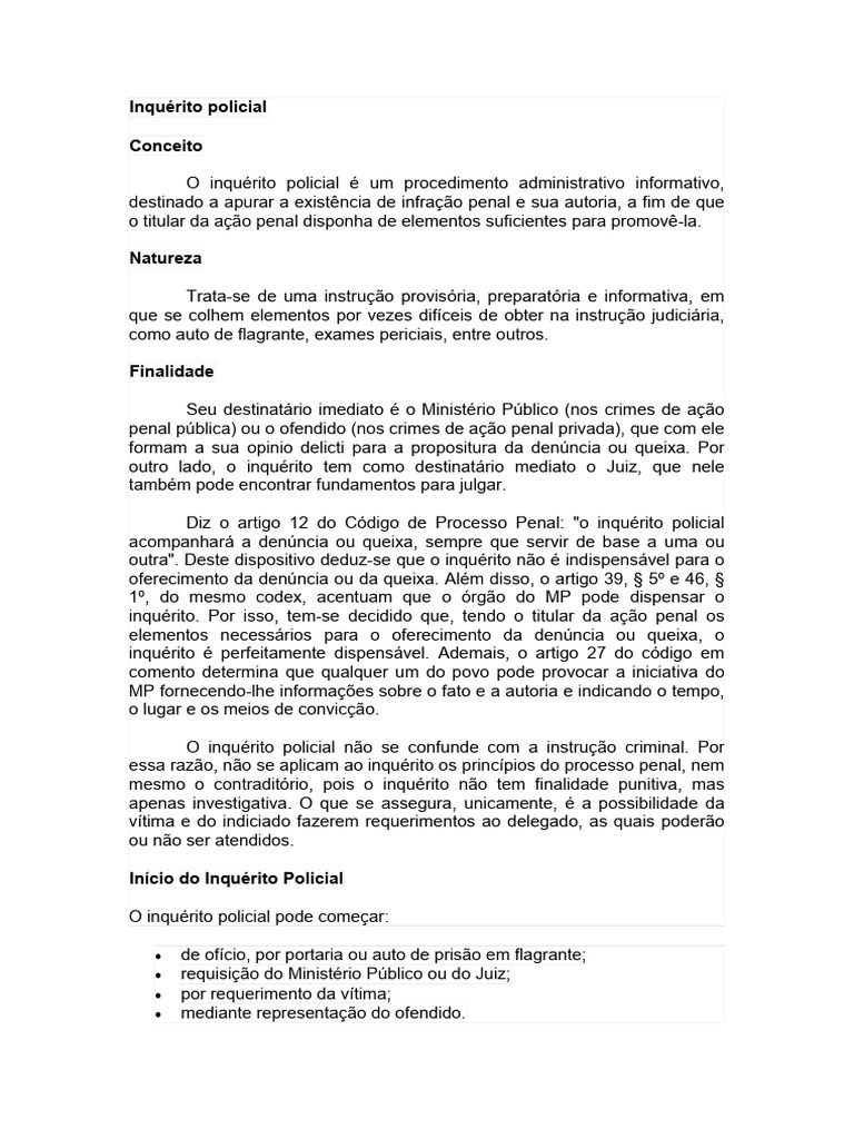 Resumo Sobre Inquérito Policial | PDF | Procedimento criminal | Advogado