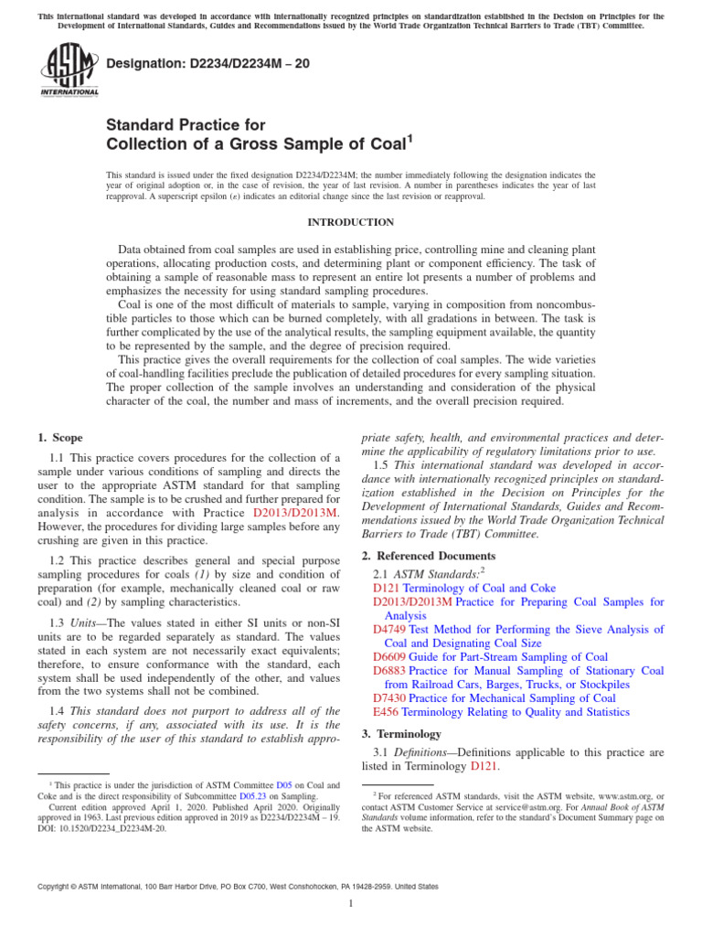 Collection of A Gross Sample of Coal: Standard Practice For | PDF ...