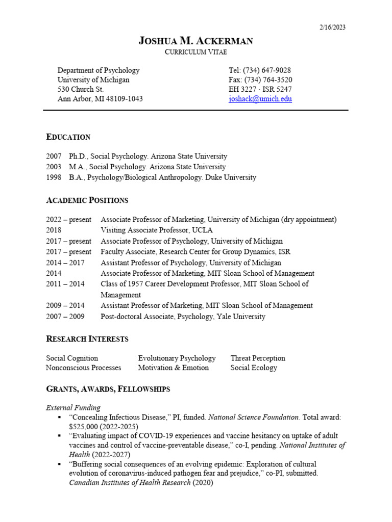 Ackerman CV | PDF | Psychology | Social Psychology