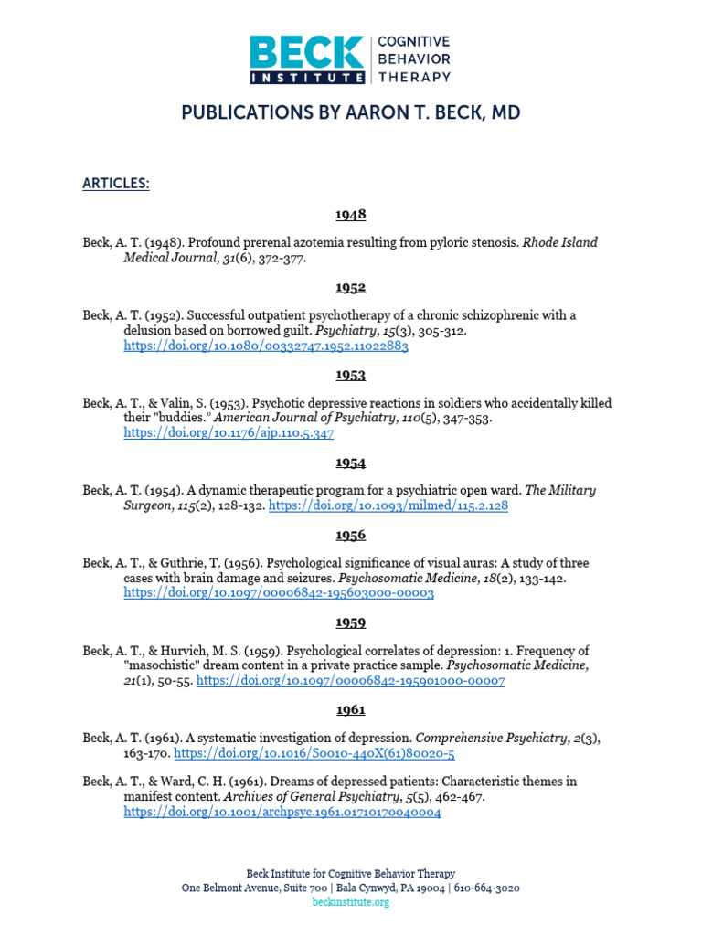 Aaron T. Beck's Publications List | PDF | Psychotherapy | Cognitive Therapy