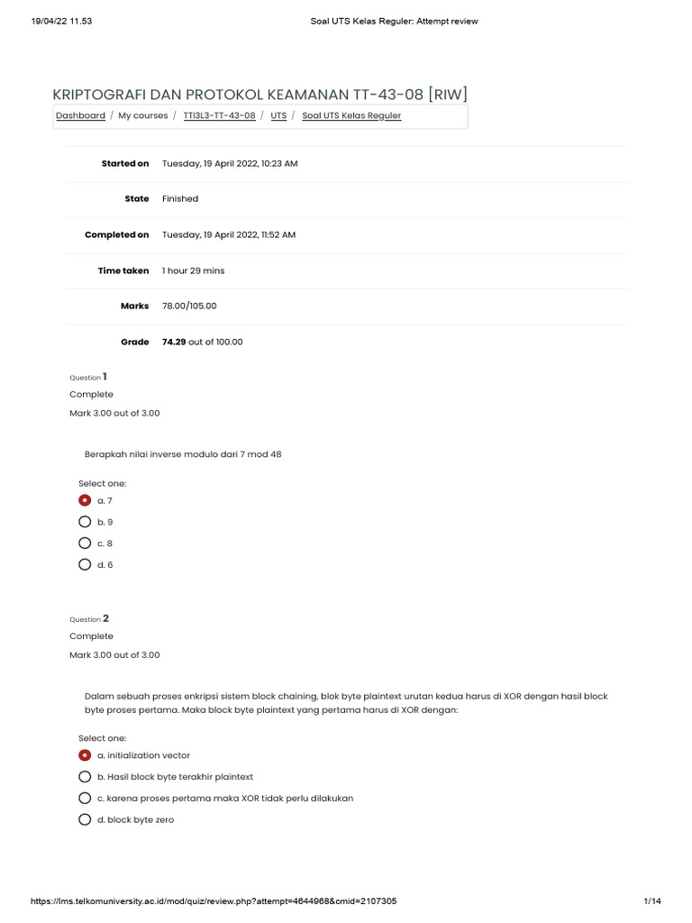 Soal UTS Kripto Kelas Reguler Attempt Review PDF | PDF