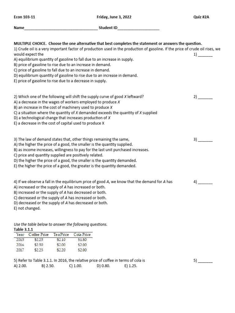 Econ 103-11 Quiz #2A Summer 2022 | PDF | Economic Equilibrium | Supply ... Econ 103-11 Quiz #2A Summer 2022 | PDF | Economic Equilibrium | Supply ...
