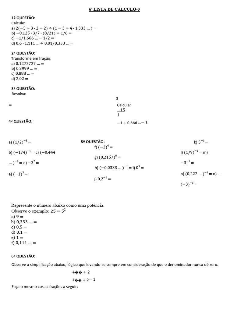 Cálculo-0 Lista-6 | PDF | Matemática | Objetos matemáticos