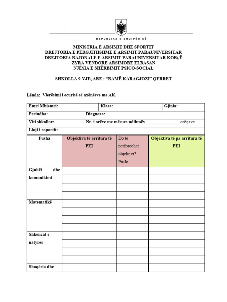Model I Vlerësimit Të Ecurisë Për Nxënsitm Me AK | PDF